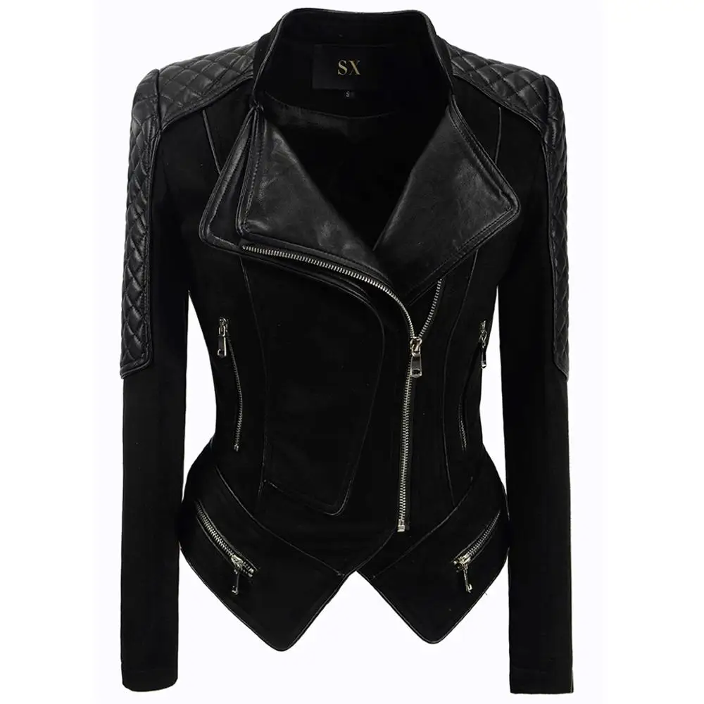 Sx 2019 New Women Suede Spliced Lapel Pu Faux Leather Jackets Lady Autumn Winter Black Zippers