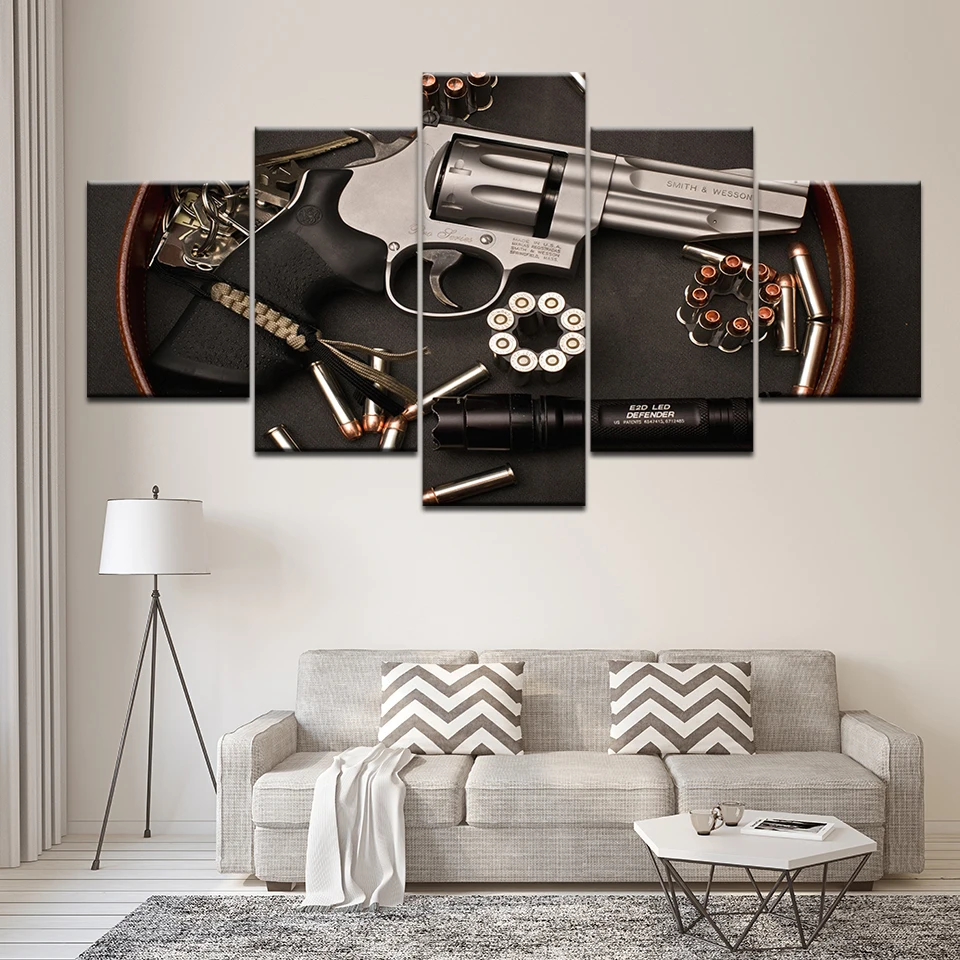 Framed-Abstract-5-Panel-Gun-Modern-Home-Decor-Canvas-Print-Painting ...
