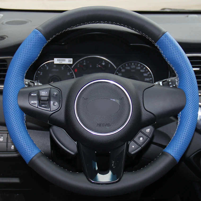 Blue Black Genuine Leather Hand stitched Car Steering Wheel Cover for ...