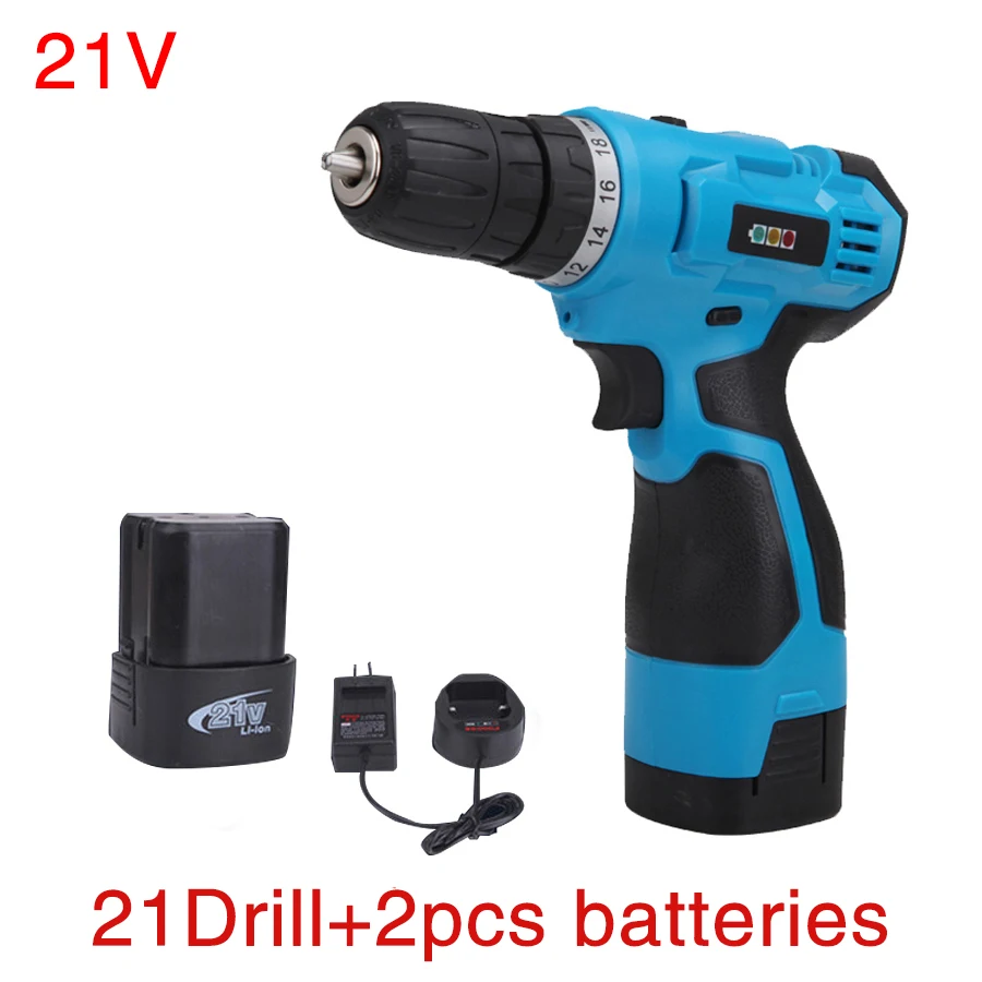 21v Cordless Drill Electric Two Speed Rechargeable 2pcs Lithium Battery