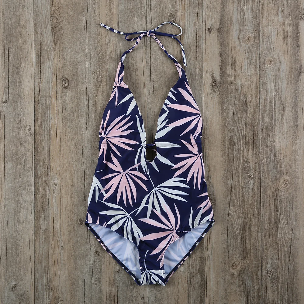 Deep V Neck Women Sexy One Piece Swimsuit Halter Leaf Print Swimwear
