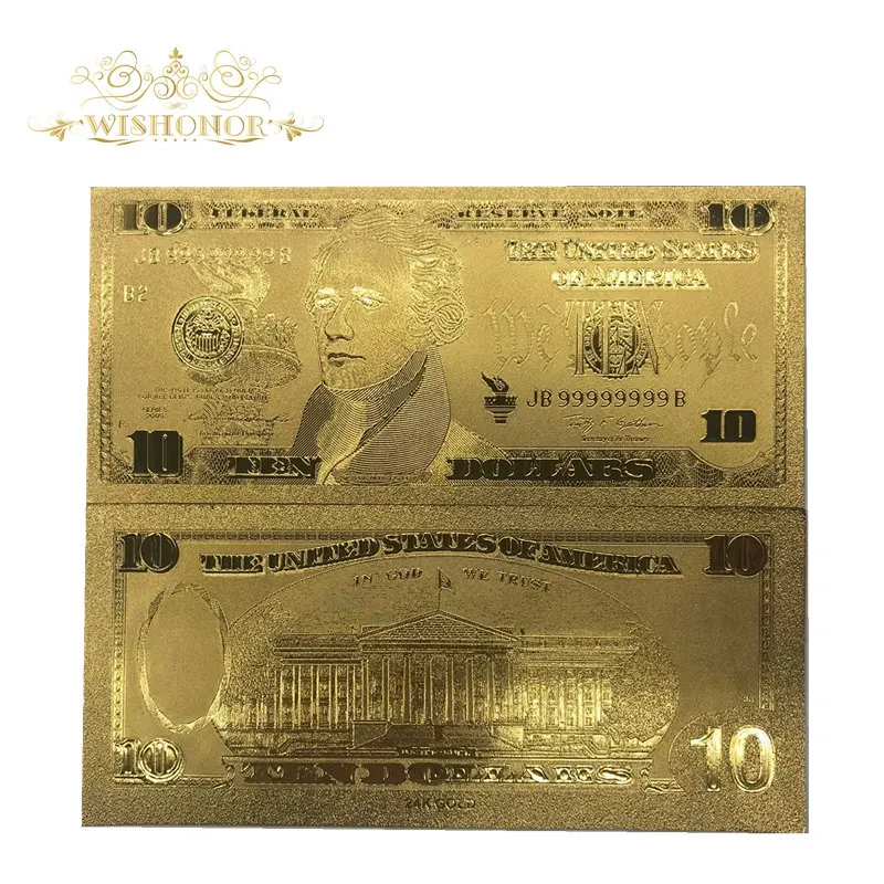 10pcs/lot 24k Gold Foil Banknotes Bill USA 10 Dollar Banknotes in Gold ...