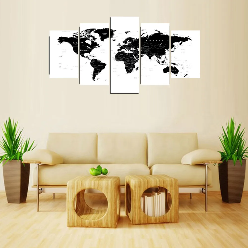 5 Panels Canvas Print Black and White World Map Painting for Living ...