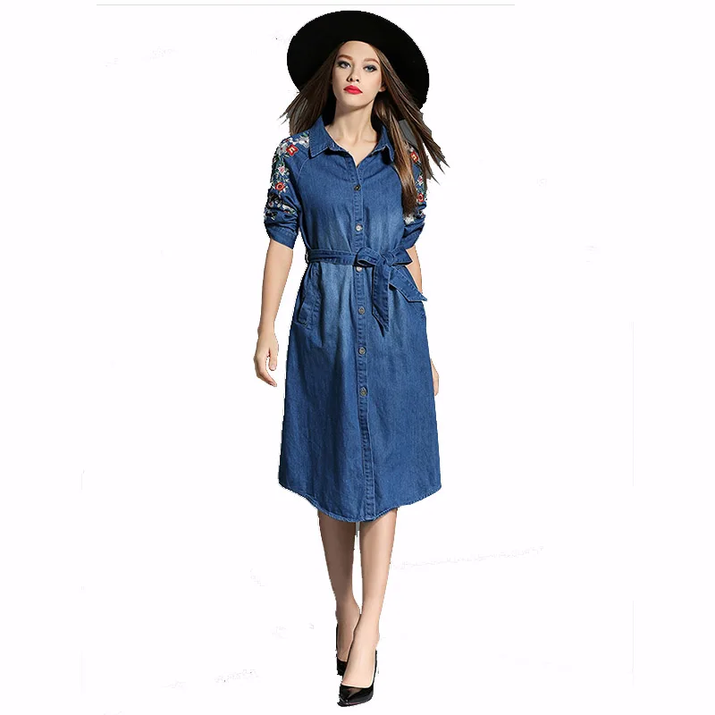 Women Spring Summer Casual Mid Long Embroidered Turn Down Denim Dresses ...