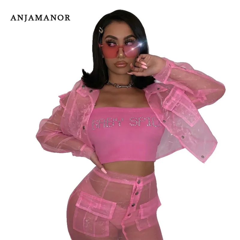 Anjamanor Pink Organza Mesh Sexy Two Piece Set Jacket And Skirt Fashion
