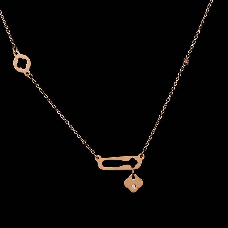 Titanium Stainless Safety Pin Disty Zircon Clover Pendant Necklace Gold ...