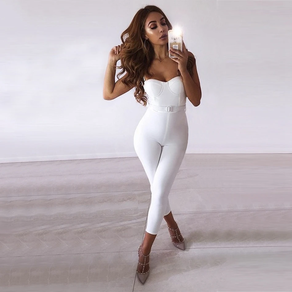 Adyce 2019 New Spring Bandage Jumpsuit Women Sexy White Spaghetti Strap