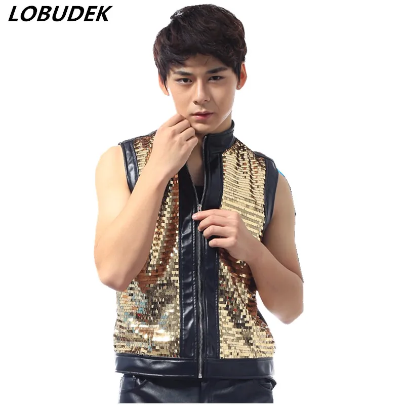 Flash Sequins male Leather vest singer dance stage Rock JAZZ DS ...