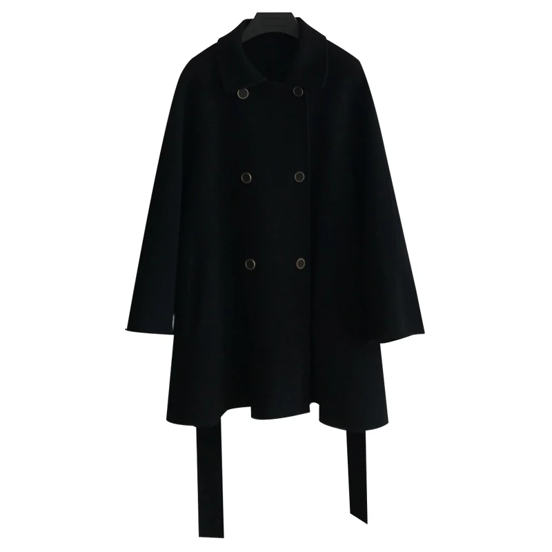 Kmetram Women Black Coat 2019 Korean Vintage Elegant Double Faced Wool
