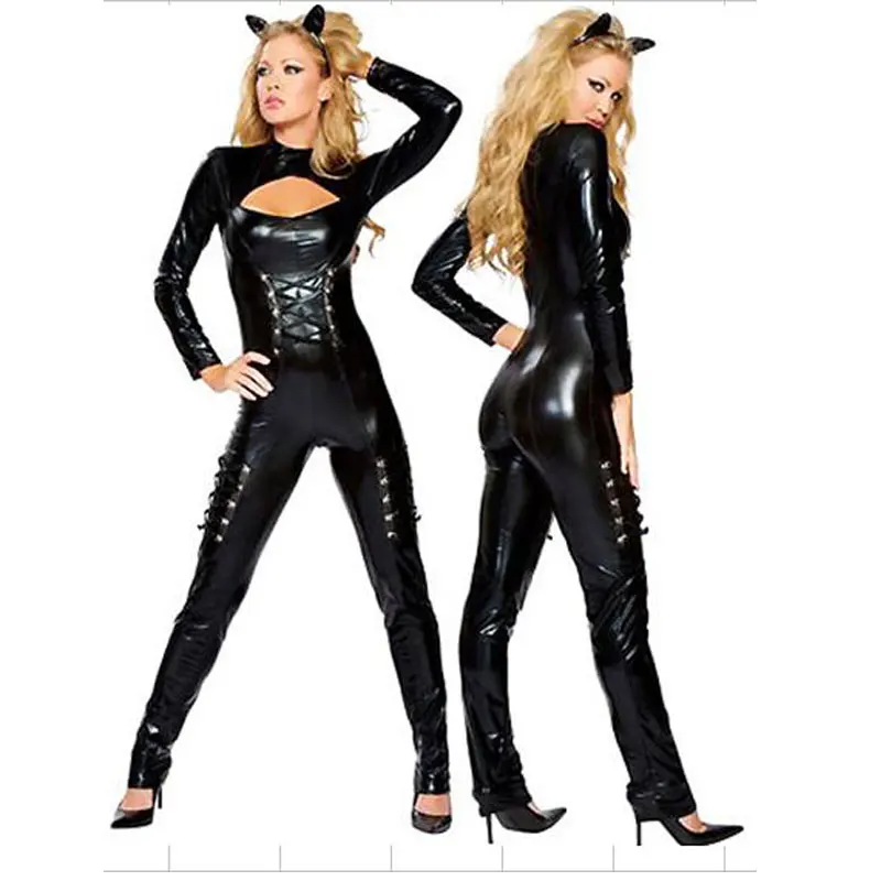 Adult Women Black Leather Catsuit Sexy Night Club Vinyl Jumpsuit Sexy Catwoman Bodysuit Leather