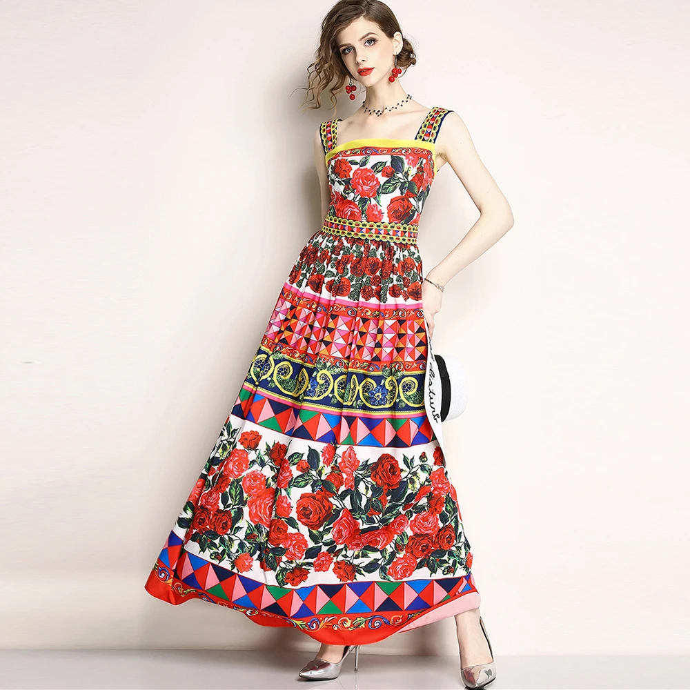 star style woman summer maxi print dress sleeveless female floral long ...