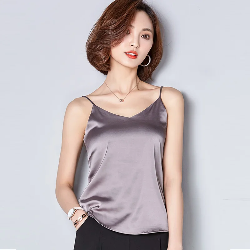 Silk Tank Top Women 2018 Summer Sleeveless Shirt Sexy V Neck Cami Loose