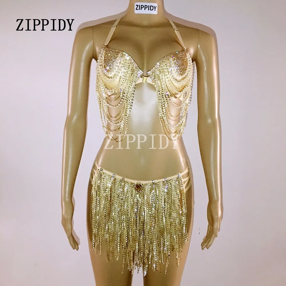 Glisten Rhinestones Gold Sequins Tassel Chains Bikini Bra Short