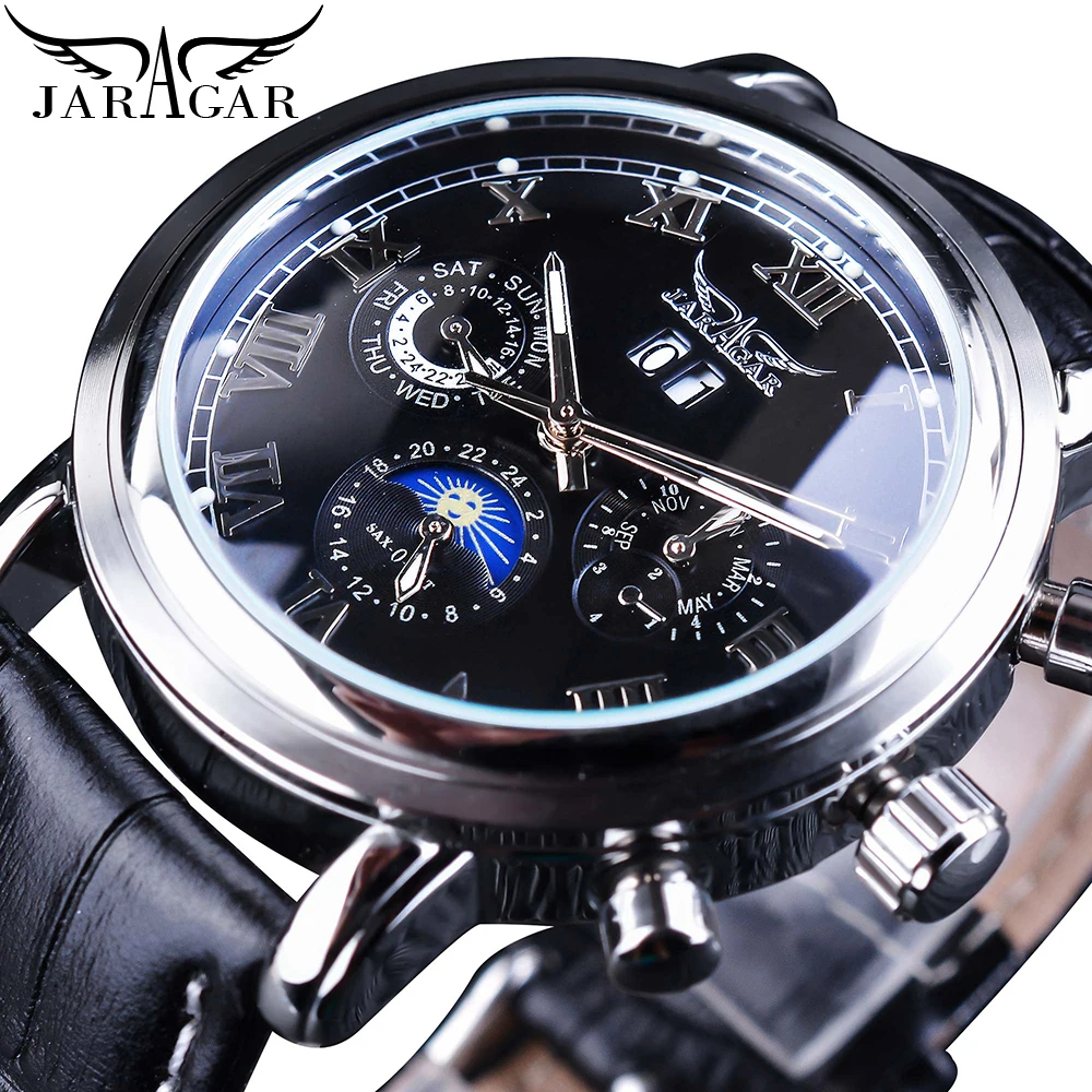 Jaragar-Classic-Black-Moon-Phase-Roman-Date-Day-Genuine-Leather ...