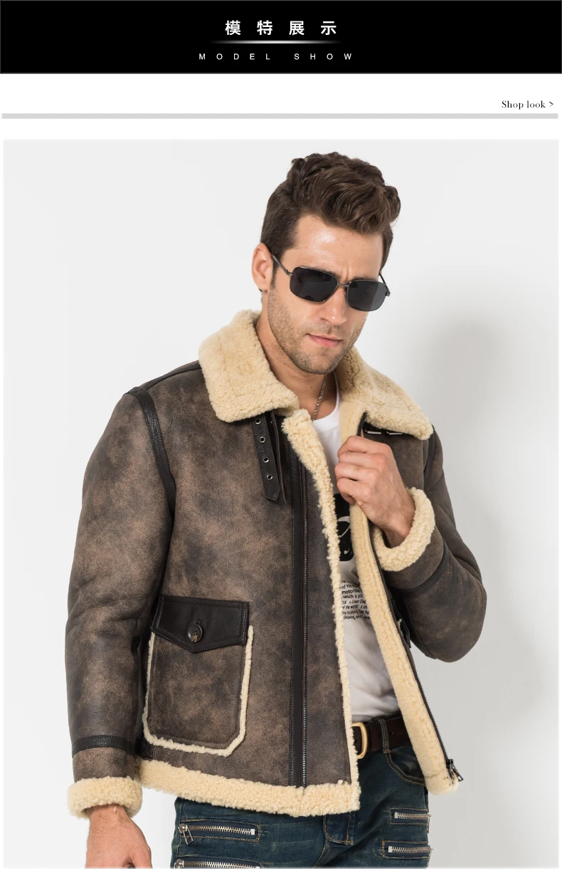 Men Fur Coat Flight Jacket B-3 Bomber Leather Jacket Men's Shearling ...