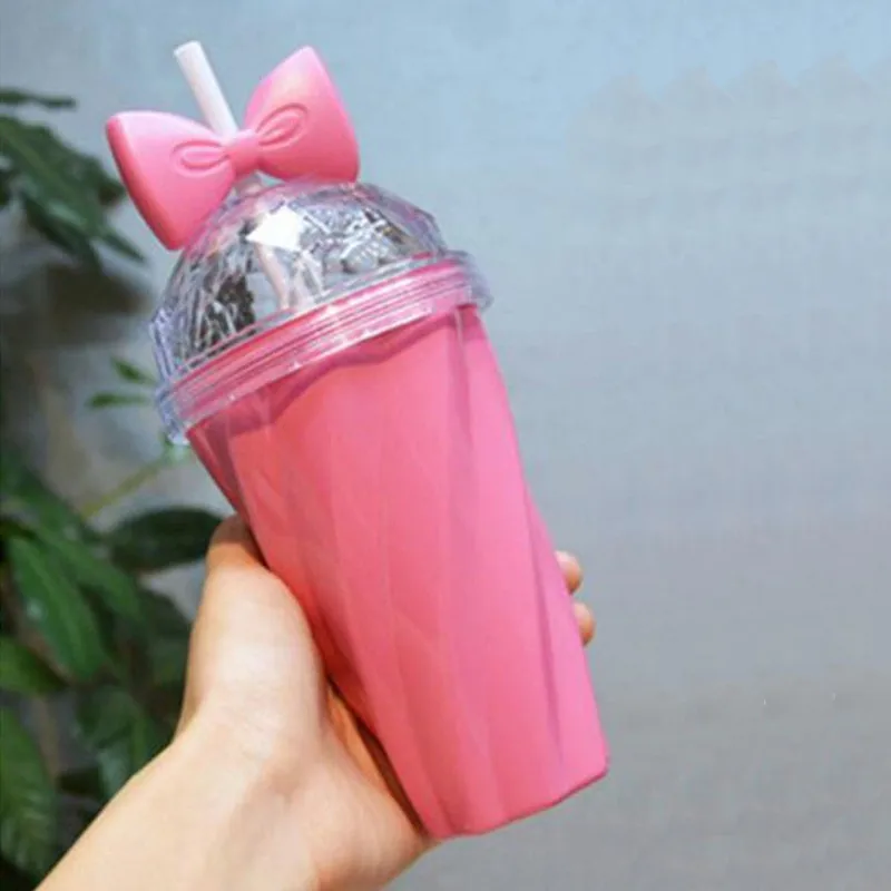 400ml Cute Bowknot Straw Plastic Water Bottle with Lid Straw Water ...