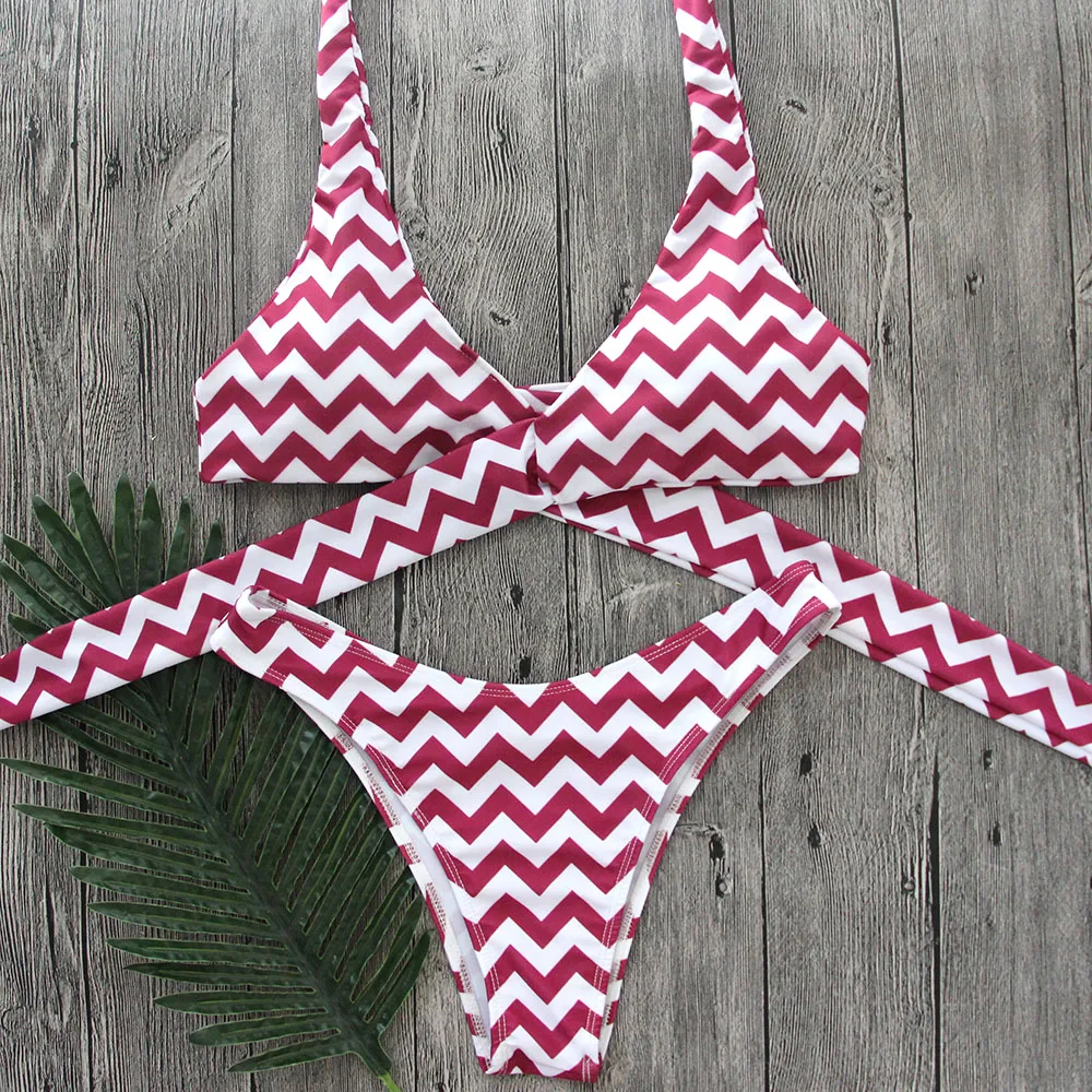 Melphieer Wrap Brazilian Bikini Set Striped Bikinis Women Swimsuits