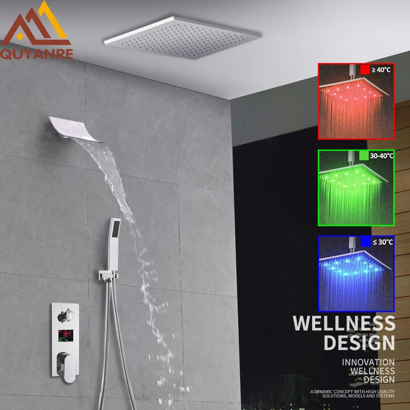 Luxury Led Rainfall Waterfall Shower Faucet Kit Led Rain Shower With ...