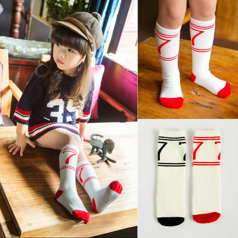 2016 Black White Long Socks Kids Luck Number Seven Girls Socks Cotton ...