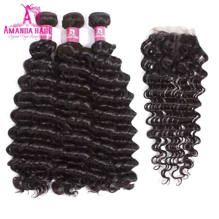 Amanda Malaysian Human Remy Hair Deep Wave 3 Bundles with Lace Closure ...