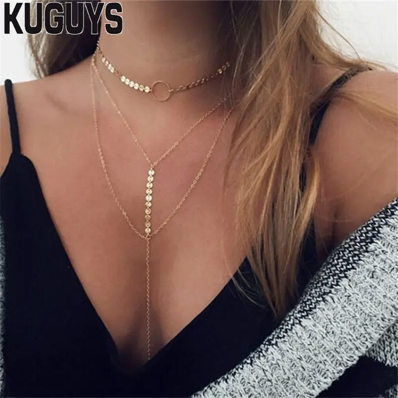 Kuguys Fashion Jewelry Sexy Cleavage Chains Round Long Pendant Necklaces Women Multilayer