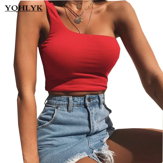 Summer Women's Sexy One Shoulder T Shirt Pure color belly navel tight ...