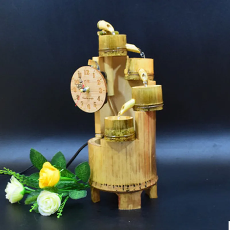 Bamboo bonsai water fountain creative clock, wall clock solid bamboo ...