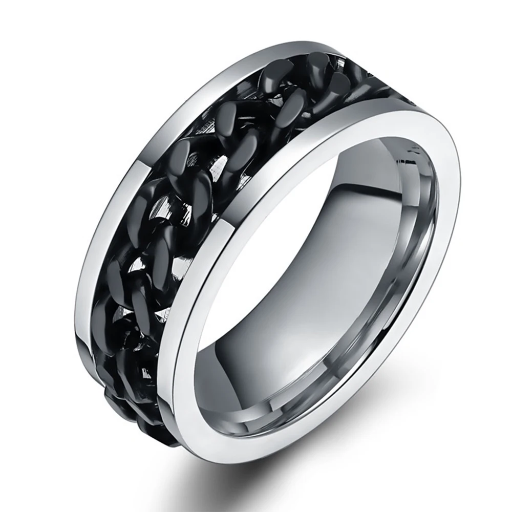 Stainless Steel Spinner Black Chain Ring Silver Grooved Border 8mm ...