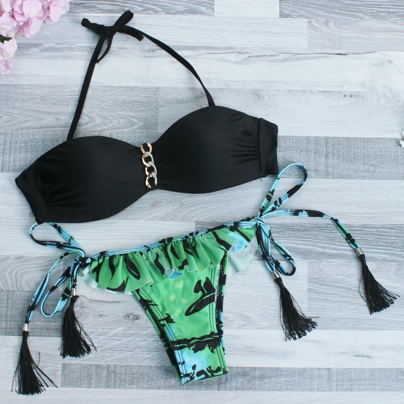 Black Top Green Floral Bottom Beachwear Women String Bikinis Bathing