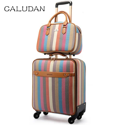 Women's colorful suitcase set,PU leather stripe pattern Luggage Bag ...
