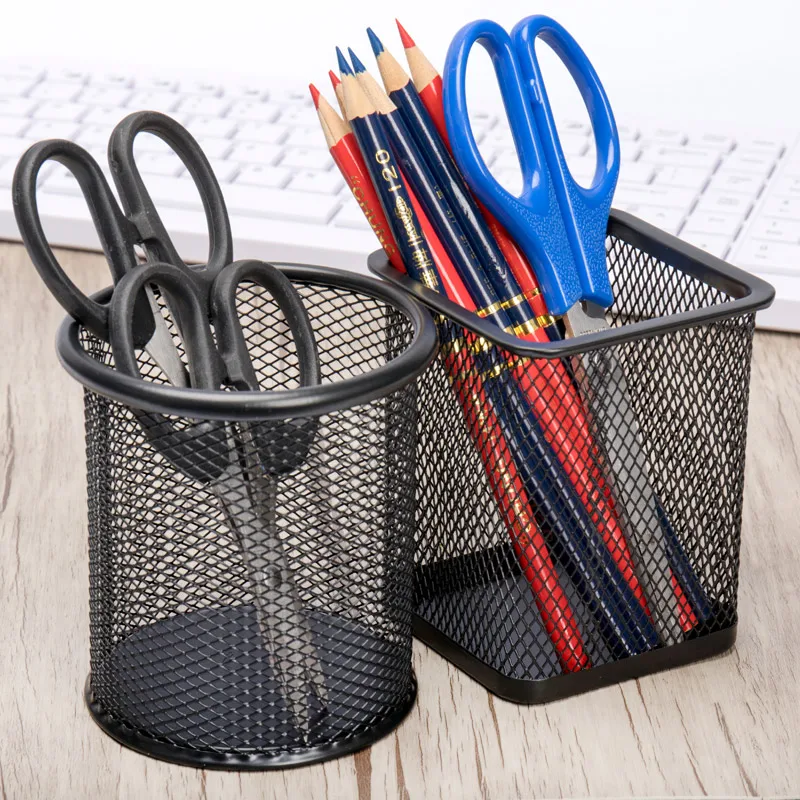 Metal Mesh Office Desk Stationery Organizer Pen Holders Round Square-in ...