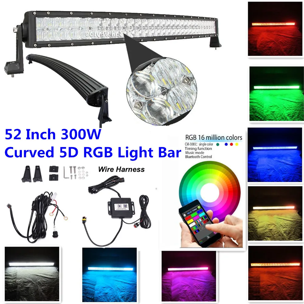 Honzdda 52" curved light bar 300W Millions Color Changing Bluetooth APP ...