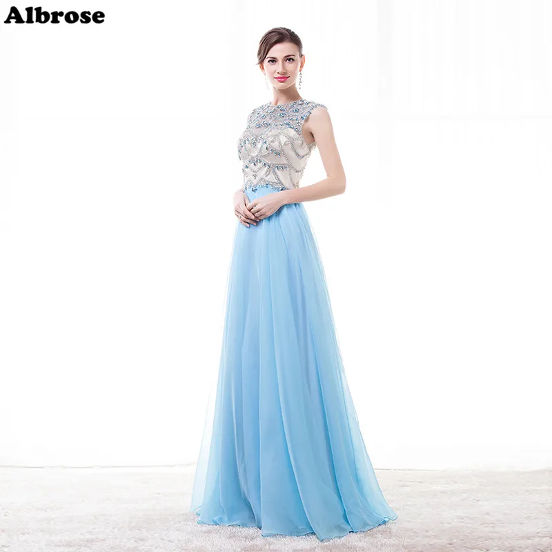 Real Photo Sparkly Sky Blue Evening Dresses with Crystals Elegant Sexy ...
