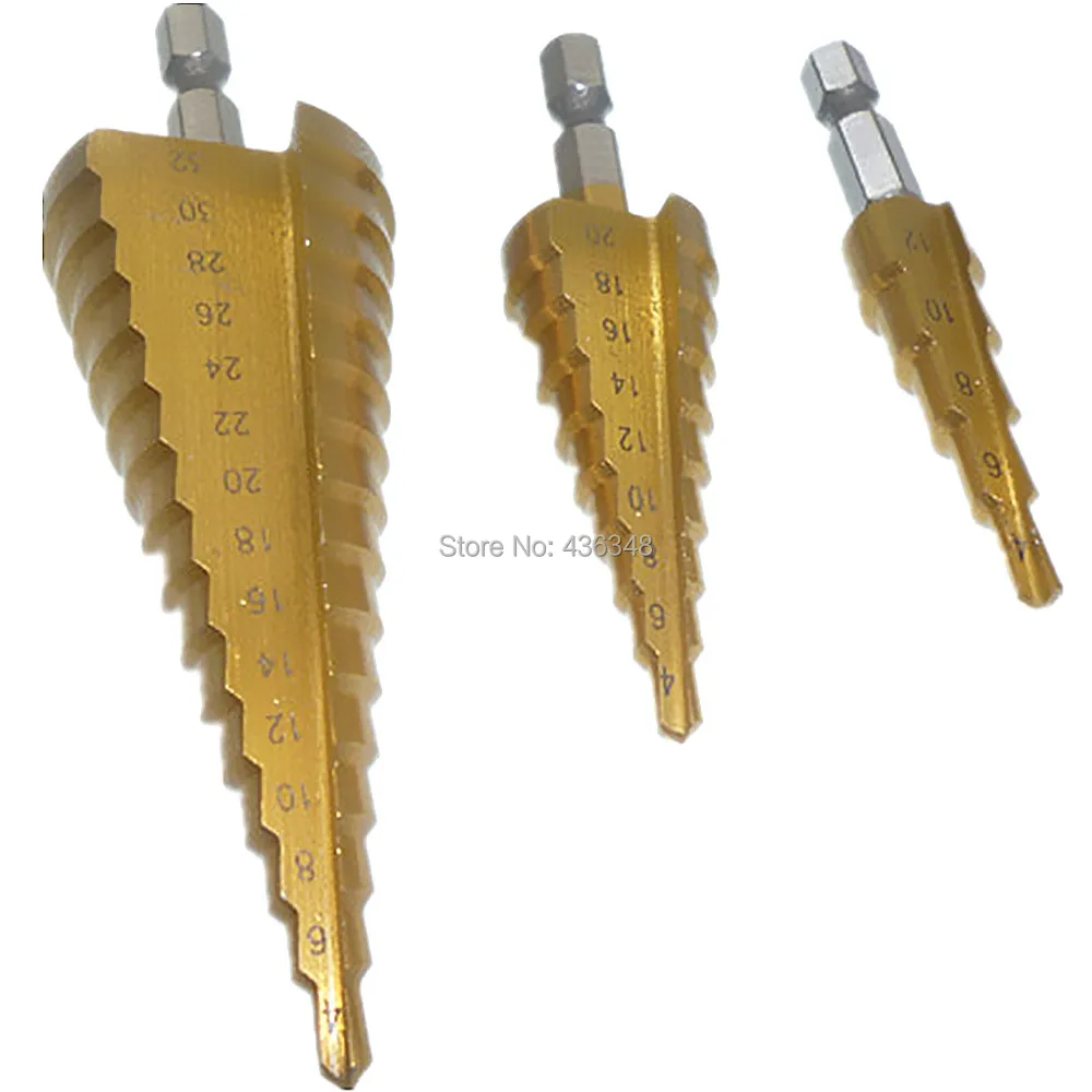 Step Drill 3PC LARGE HSS STEP CONE DRILL TITANIUM BIT SET HOLE CUTTER 3 ...