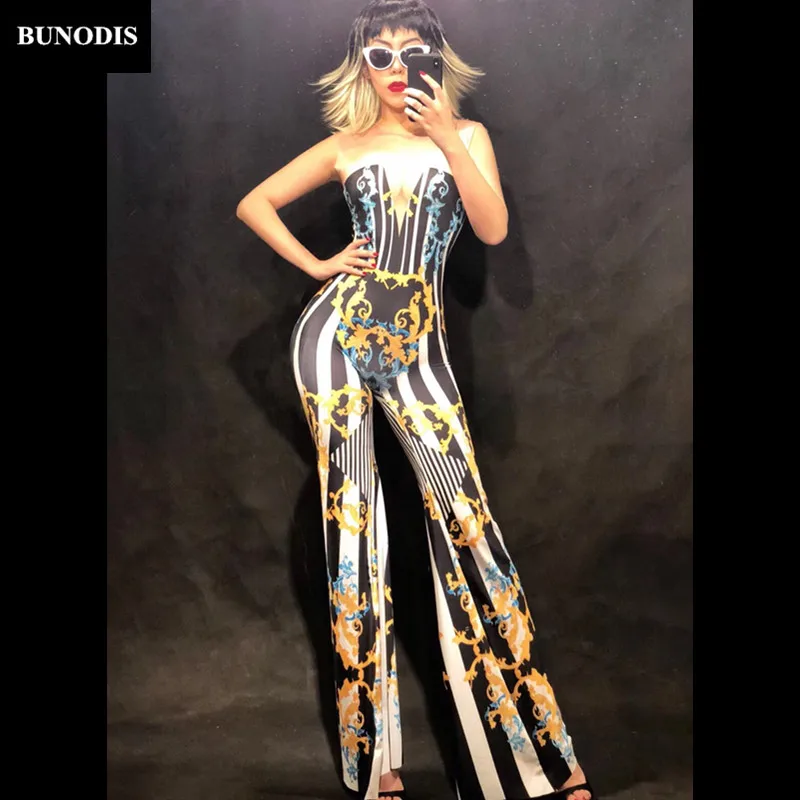 Zd259 Women Sexy Skin Color Jumpsuit 3d Printed Totem Bell-bottoms ...