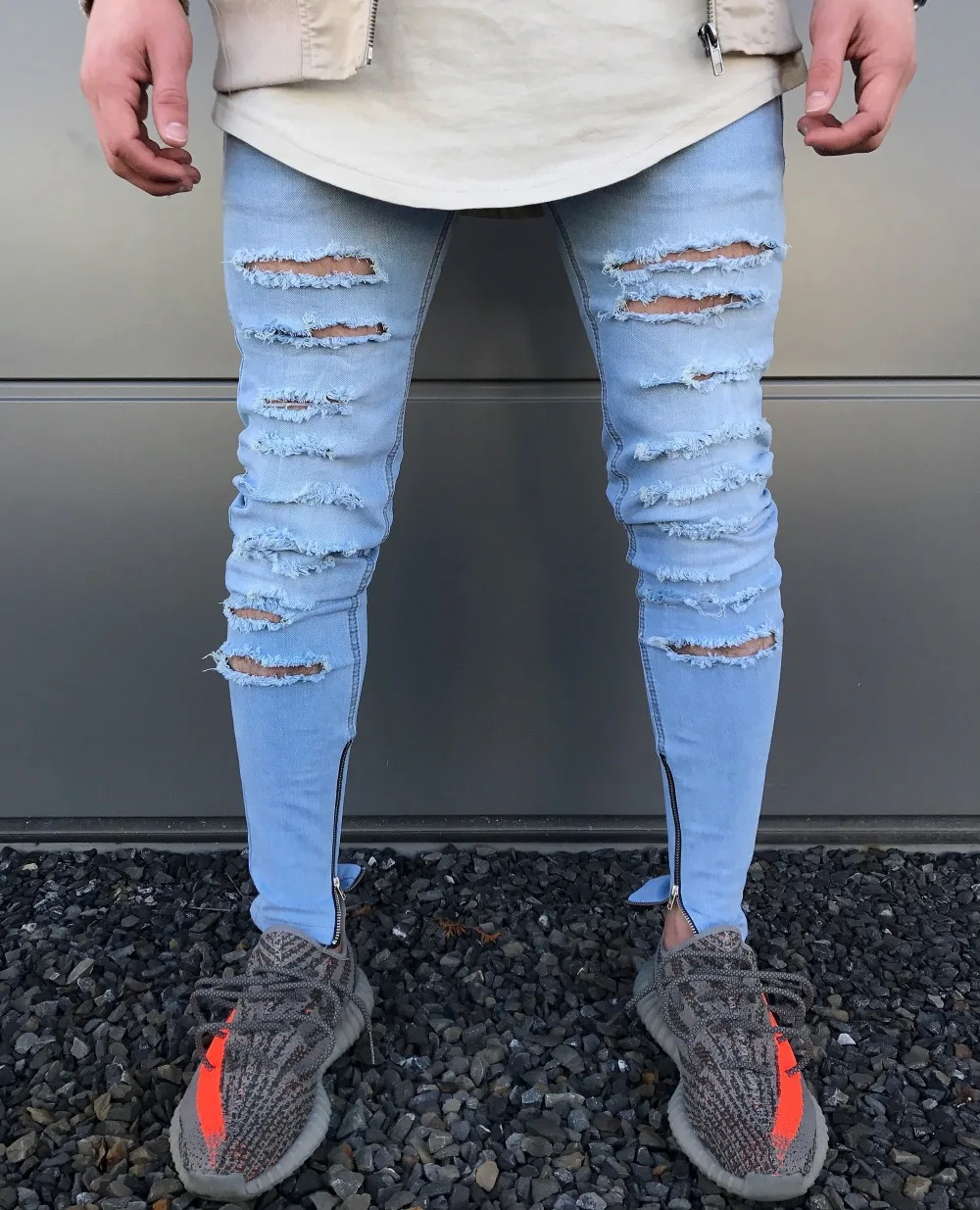 New Jeans Wash Blue Knee Destroy Ripped Elastic Skinny Jeans Hip Hop ...