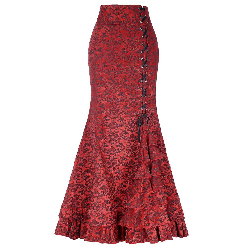 Buy High Waist Retro Gothic Mermaid Long Skirts Women Corset Ruffle Lace Up