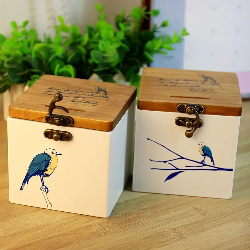 Biue Bird Branch Wooden Money Boxes saving Storage creative life|wood ...