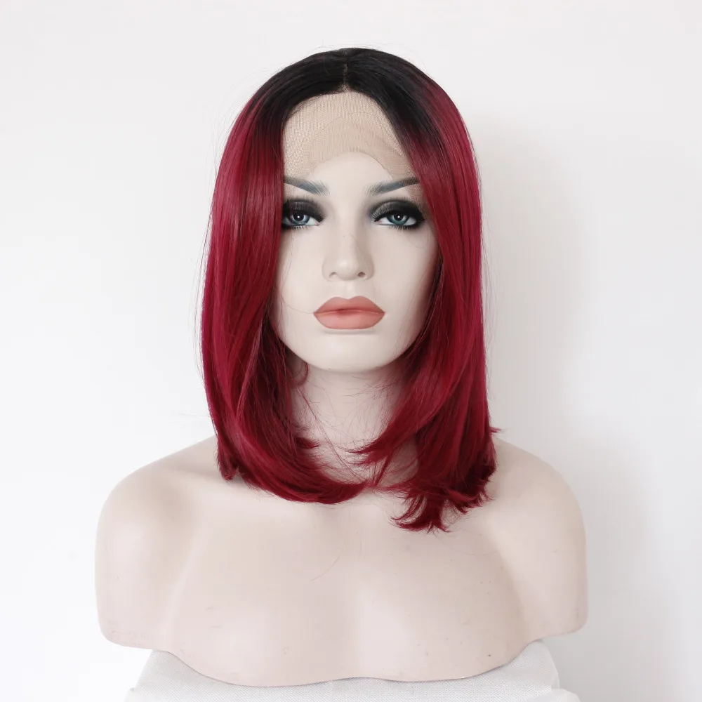 Fashion Wine Red Ombre Bob Wig Dark Roots Synthetic Lace Front Bob Wigs ...