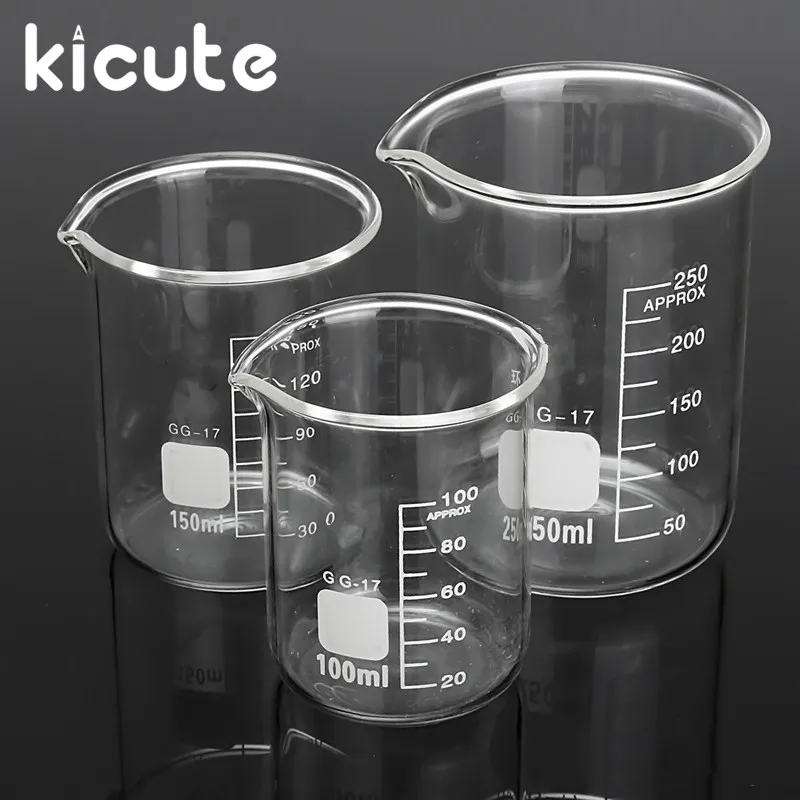 Kicute 3Pcs 100ml 150ml 250ml Glass Beaker Set Graduated Transparent Borosilicate Glass Beaker ...