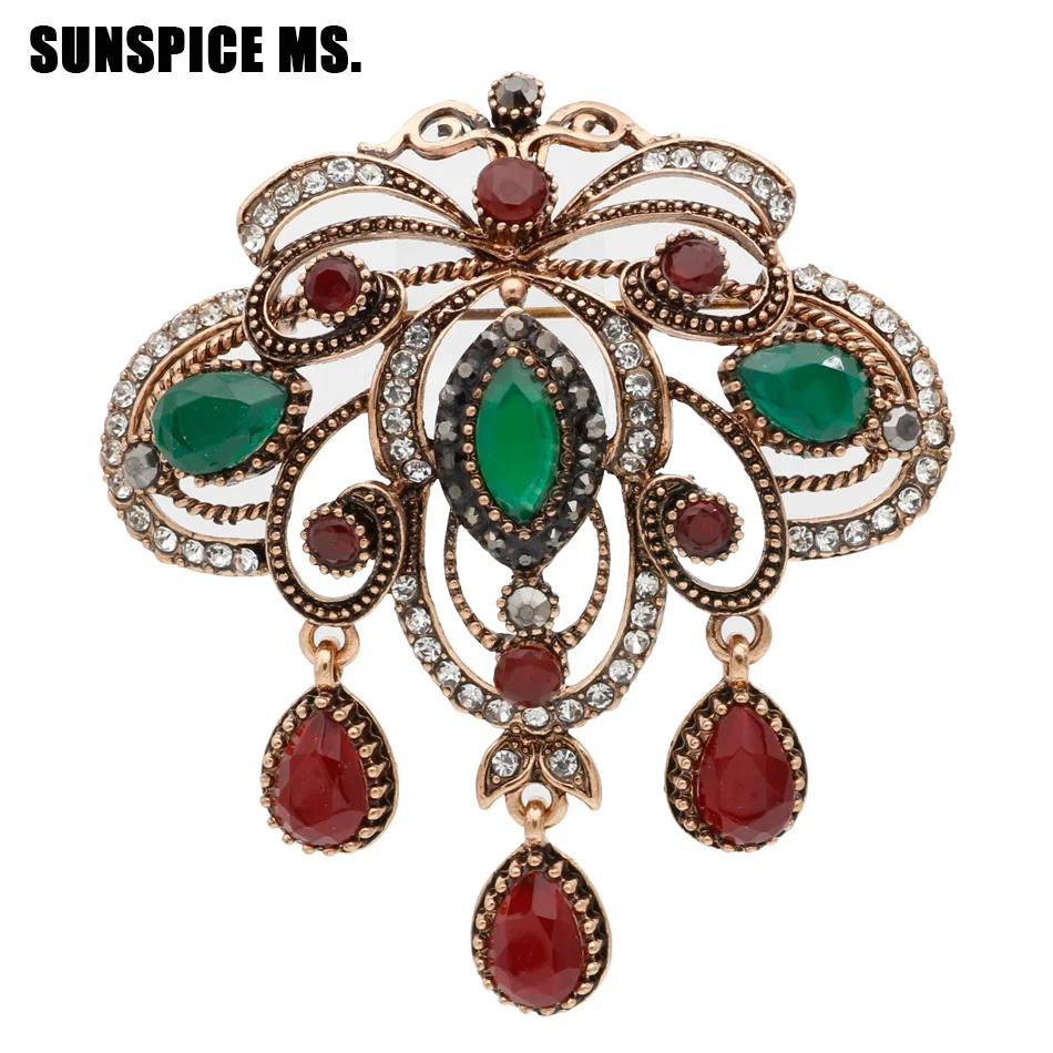 Vintage Turkish Women Hollow Flower Resin Brooch Pins Antique Gold ...