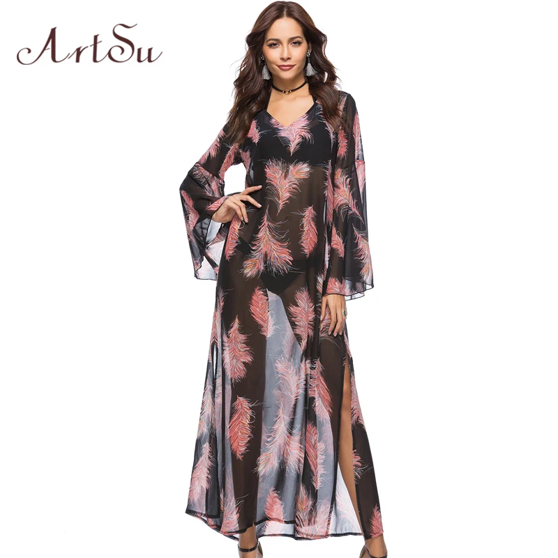 Artsu Women Boho Print Long Chiffon Dress 2018 Summer Sexy See Through