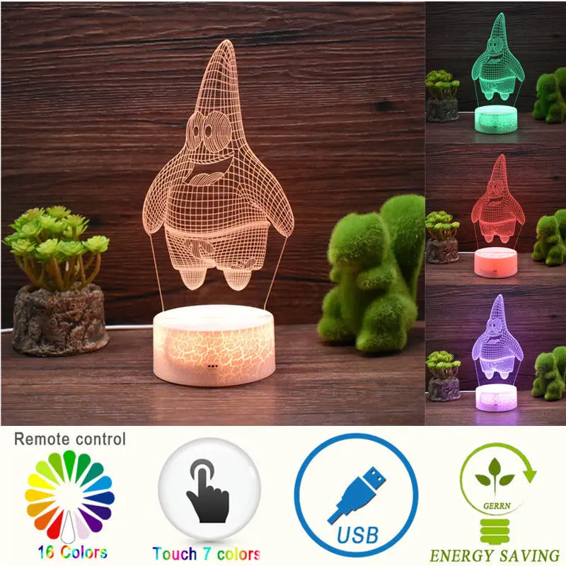 3d Patrick Star Led Night Light Remote 16 Color Home Decor Usb Baby ...
