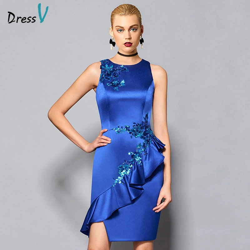 Dressv Dark Blue Cocktail Dress Elegant Scoop Neck Zipper Sheath Ruffles Sequins Wedding Party