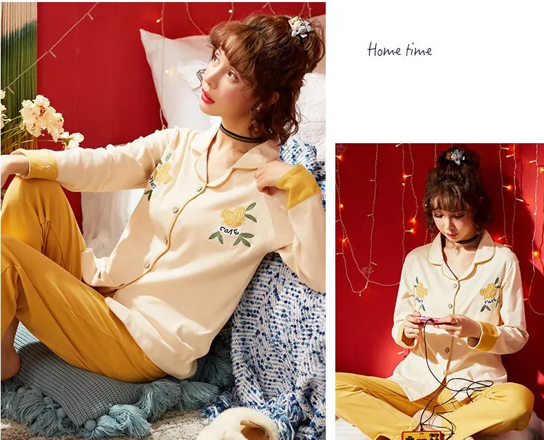High Quality Fashion Women Home Wear Pajamas 100 Cotton Two Pieces Fall ...