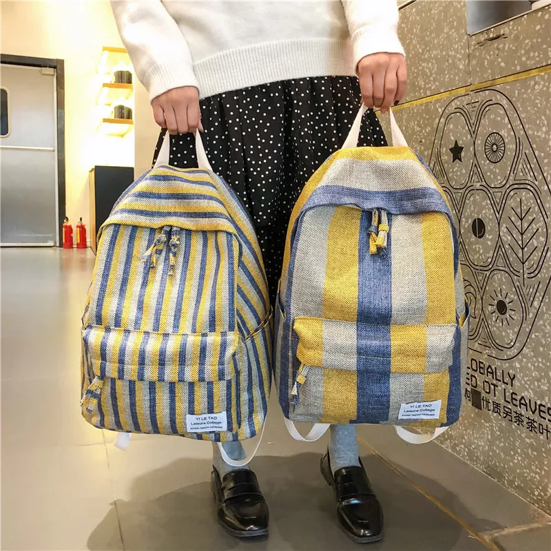 1pc Yellow Blue Stripped Check Canvas Backpack Student Book Bag Travel ...