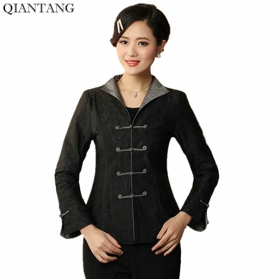 Black Spring Vintage Chinese Style Cotton Jacket Women's Coat Long ...