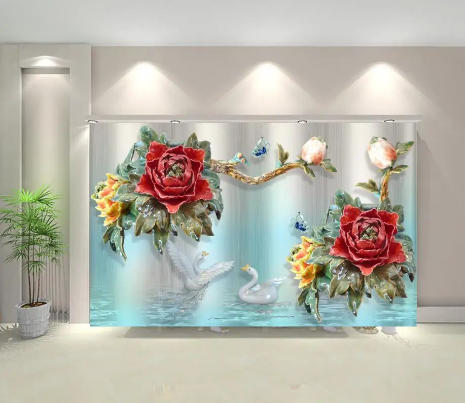 custom 3d wallpaper mural Relief peony TV backdrop 3d photo wallpapers ...