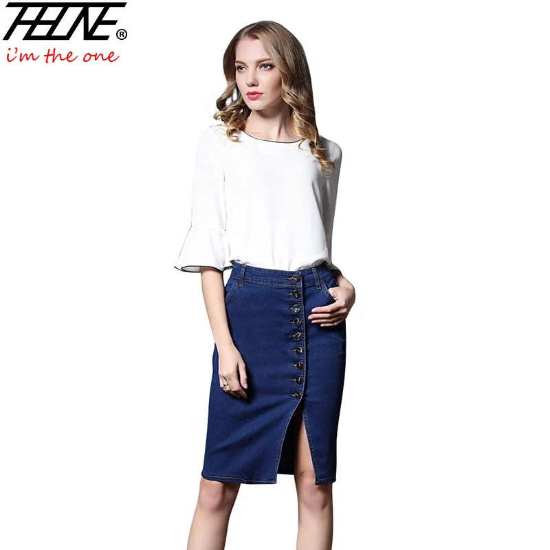 Thhone 미디 스커트 여성 슬림 버튼 업 신축성 스트레치 무릎 길이 스플릿 패션 Faldas Mujer 여성 데님 스커트 플러스 사이즈 6xlmidi Skirt