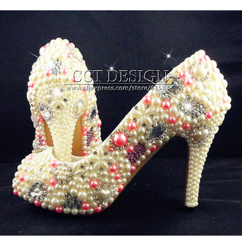 2016 Shoes Women Handmade Rhinestones And Pearls Ivory Pink Wedding ...